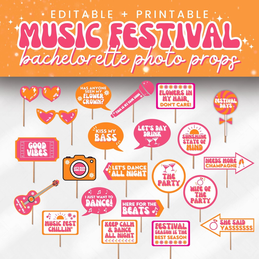 Music Festival Bachelorette Party Printable Photo Booth Props for Retro ...