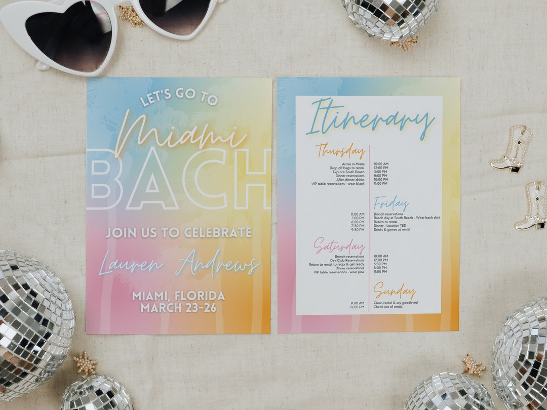 Colorful Miami Bachelorette Party Invitation With Itinerary Template ...