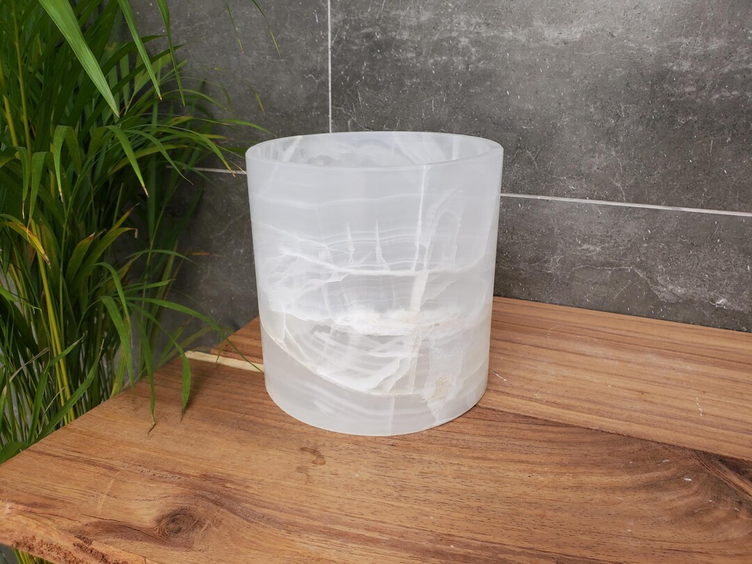 White Onyx Stone Waste Basket, Trash Bin, Rubbish Container, Round ...