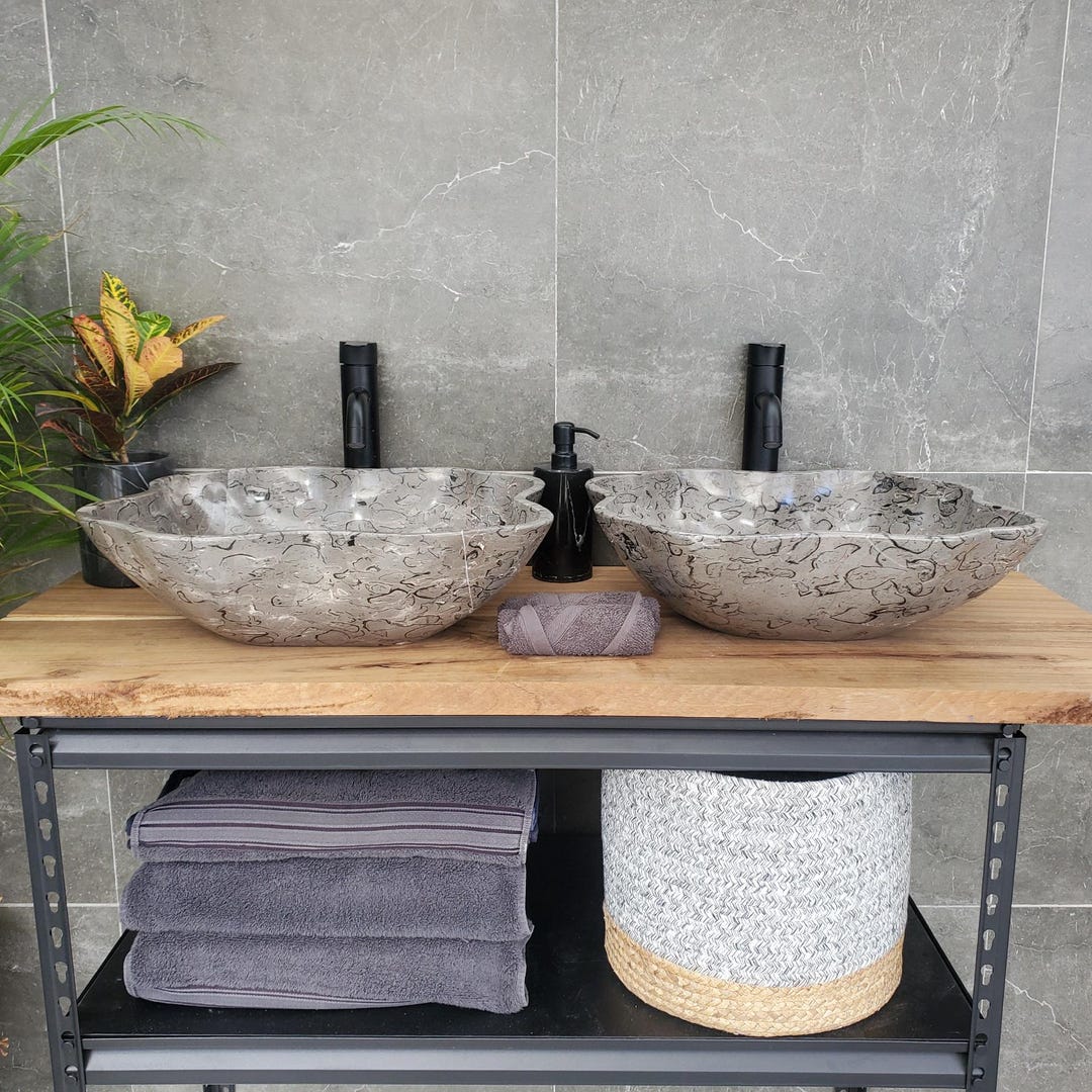 Marble Stone Vessel Sink Set, Dark Gray Master Bathroom Above Counter ...