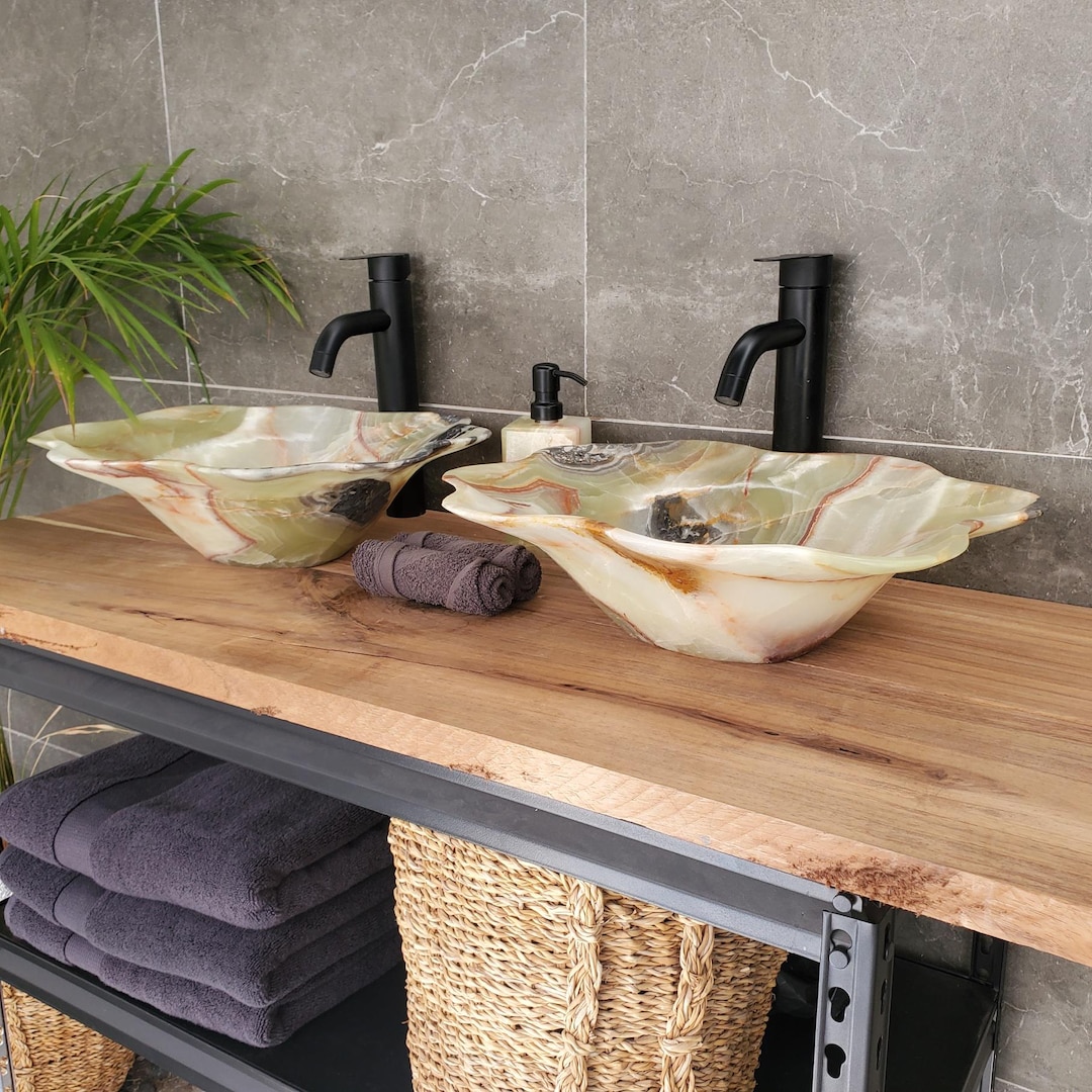 Onyx Stone Bathroom Vessel Sink Set, Master Bath Matching Sinks, Green ...