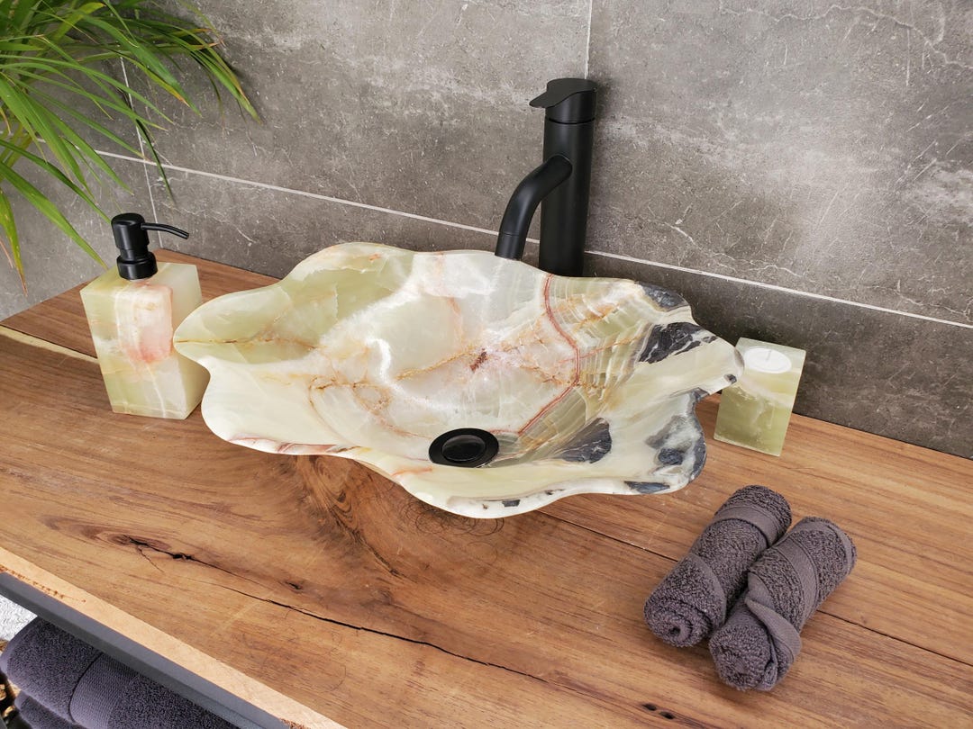 Green Onyx Bathroom Vessel Sink, 17 X 13.5 Inch Polished Translucent ...
