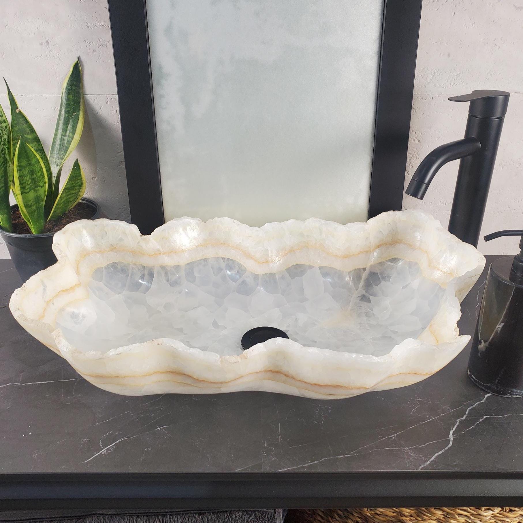 White Onyx Vessel Bathroom Sink, 20 X 12.5 Inch Translucent Stone Above ...