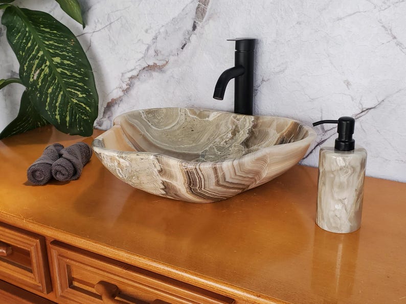 Lavabo de mármol ónix gris marrón – Lavabo de encimera de piedra ...