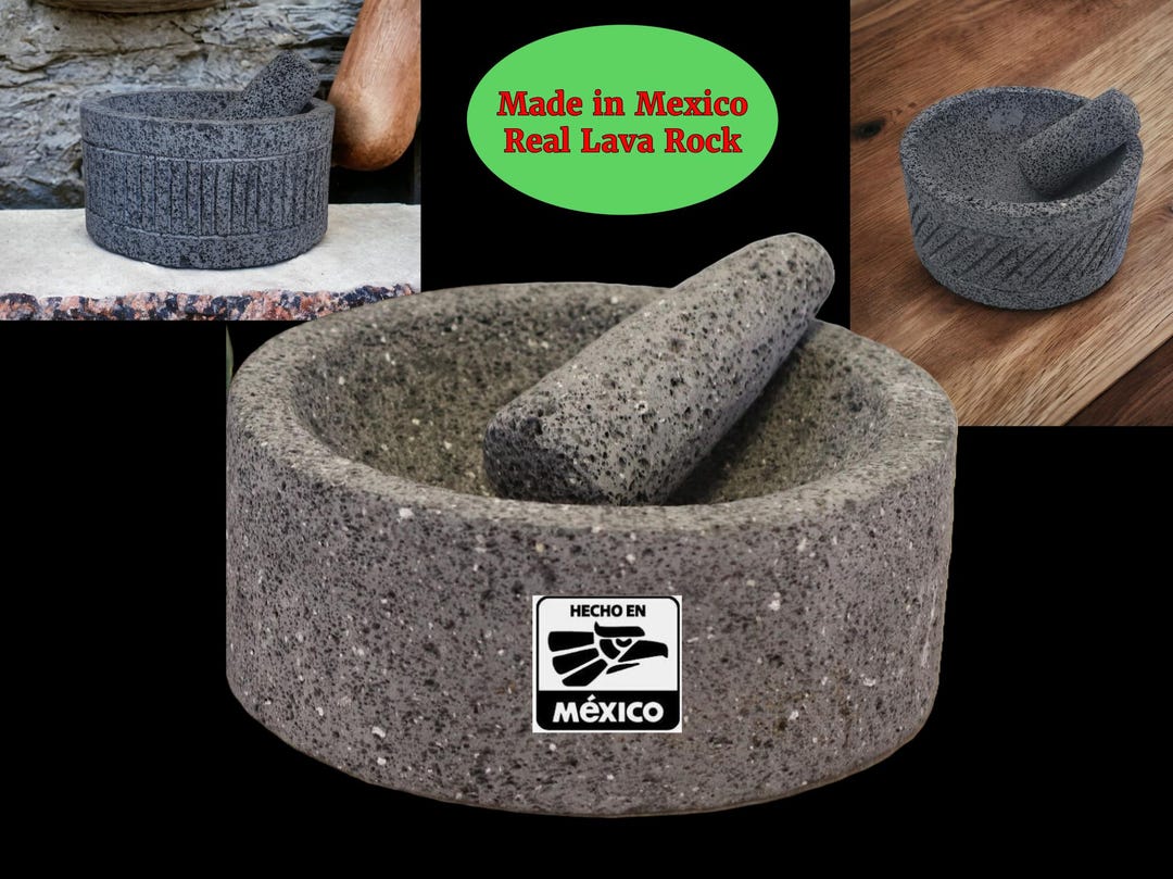 8" Flat Bottom Molcajete 100% Lava Volcanic Stone, Mortar and Pestle Set, Authentic Mexican ...