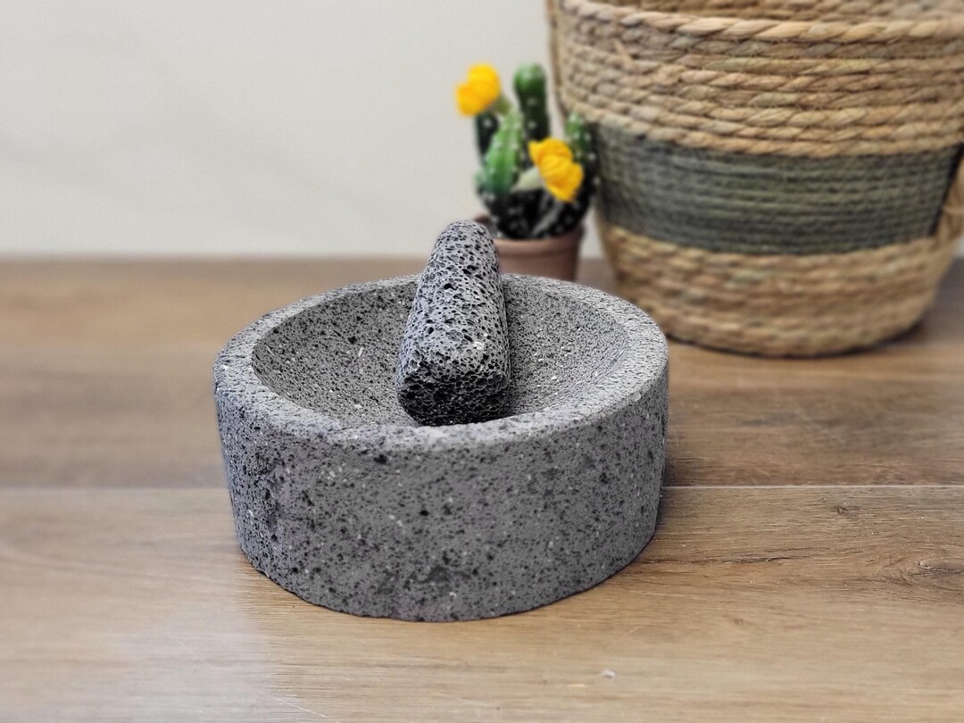 8 Flat Bottom Molcajete 100% Lava Volcanic Stone, Mortar and Pestle Set, Authentic Mexican ...