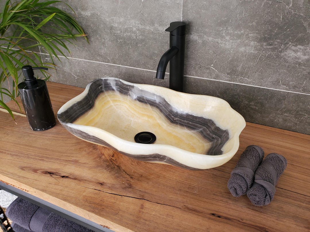 Black and Tan Onyx Vessel Bathroom Sink, 18.5 X 11 Inch Above Counter ...