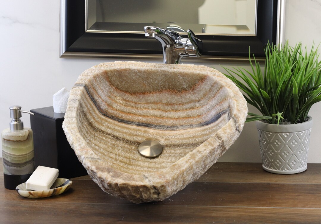 Onyx Stone Bathroom Vessel Sink, Neutral Tan Stone Hand Basin, Small ...