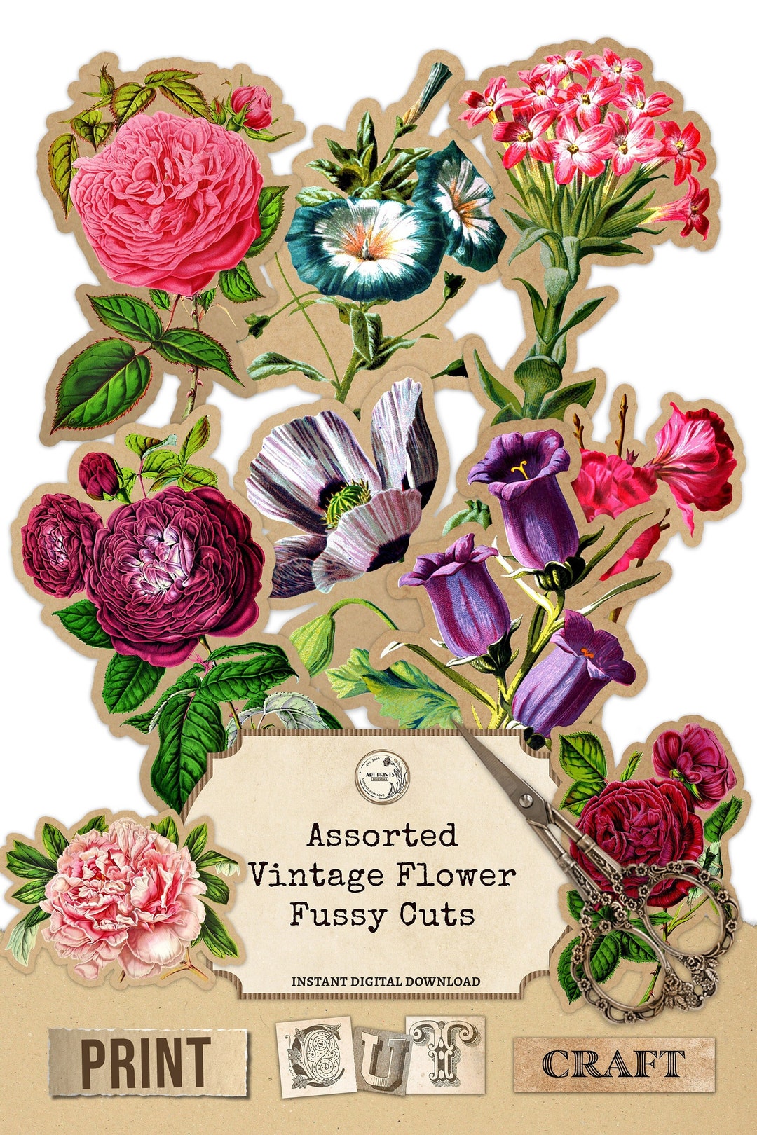 Vintage Fussy Cut Flowers Ephemera A4 Collage Sheet • Printable Images ...