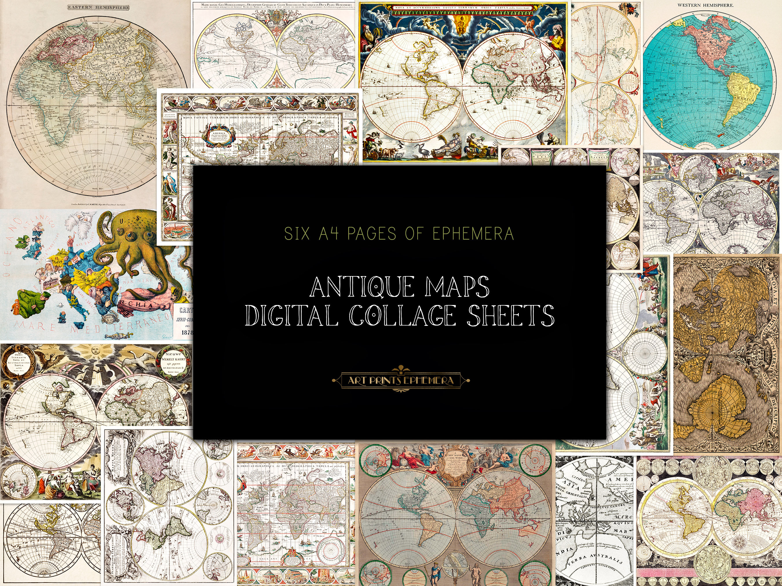 Antique World Map Ephemera • Vintage Illustrated Art • 6 Digital ...