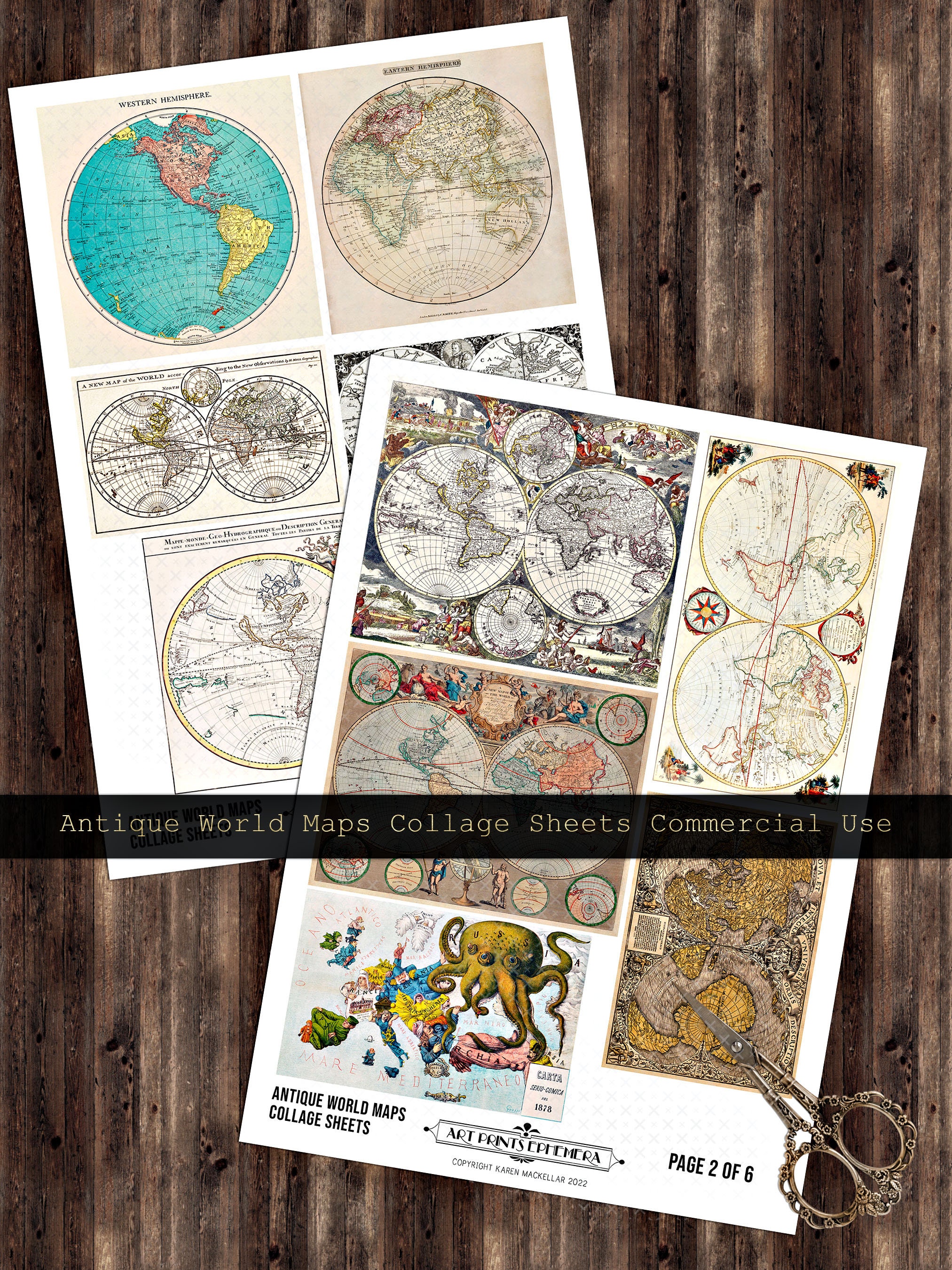 Antique World Map Ephemera • Vintage Illustrated Art • 6 Digital ...
