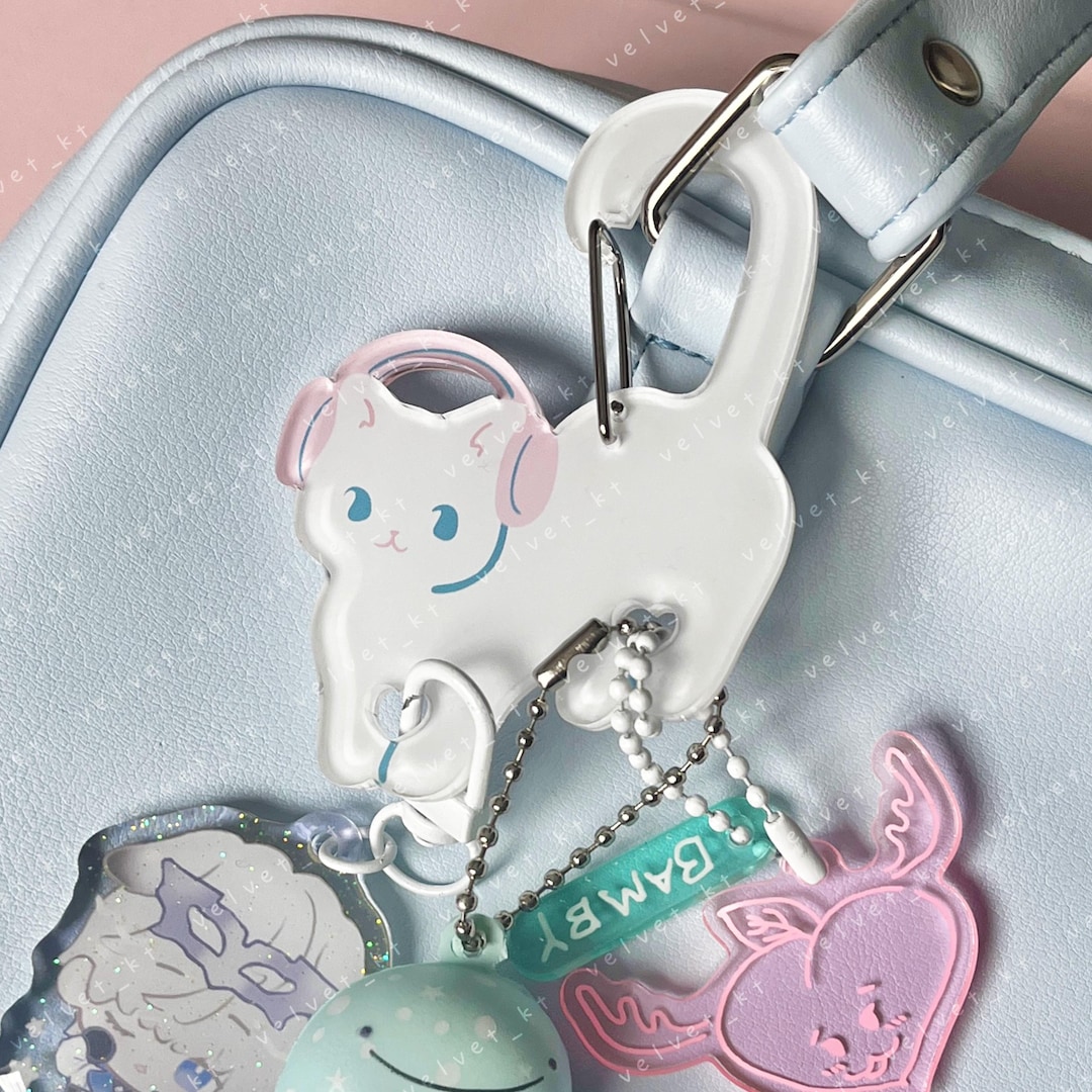 White Cat Headphones Acrylic Carabiner Charm Holder Keychain - Etsy
