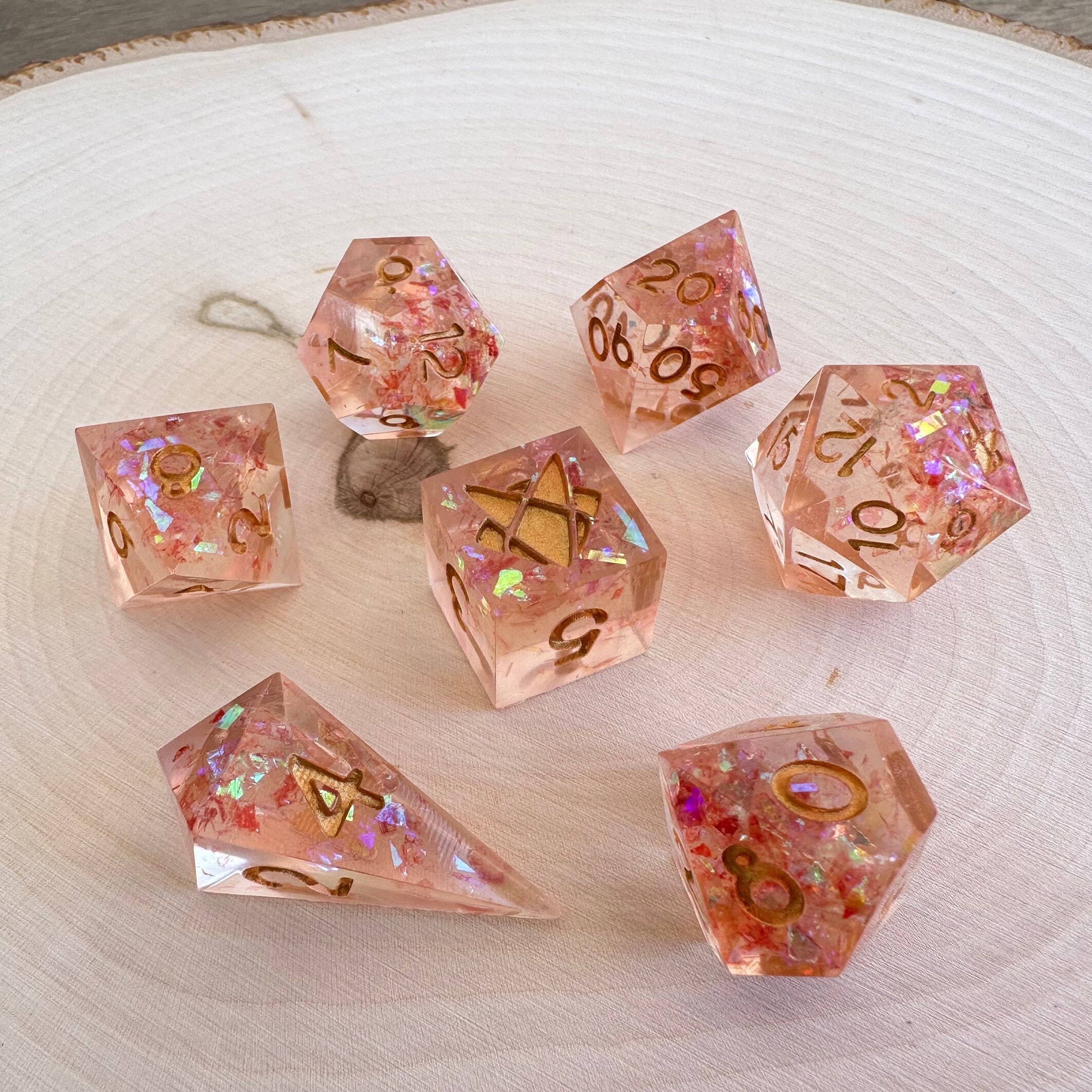 Peaches Full Polyhedral Sharp Edge Dice Set Pink Dungeons and Dragons ...