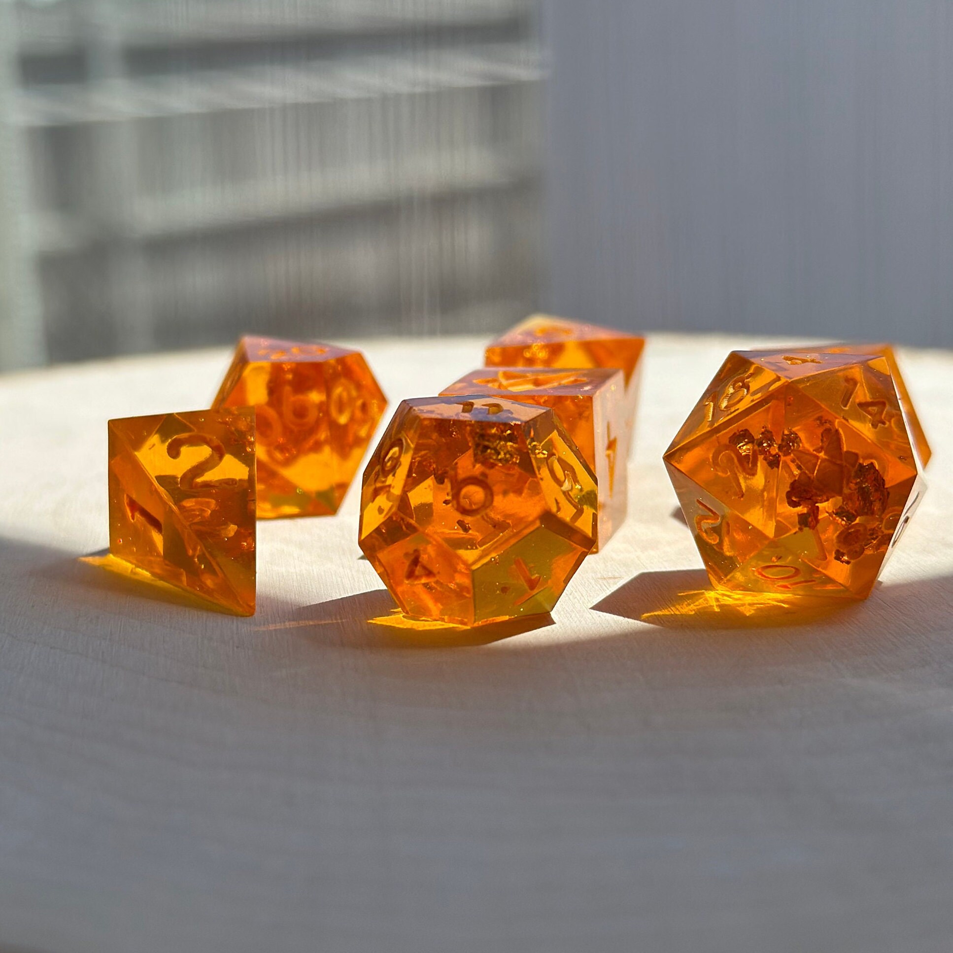 Lost Amber Full Polyhedral Sharp Edge Dice Set Honey Amber Dungeons and ...