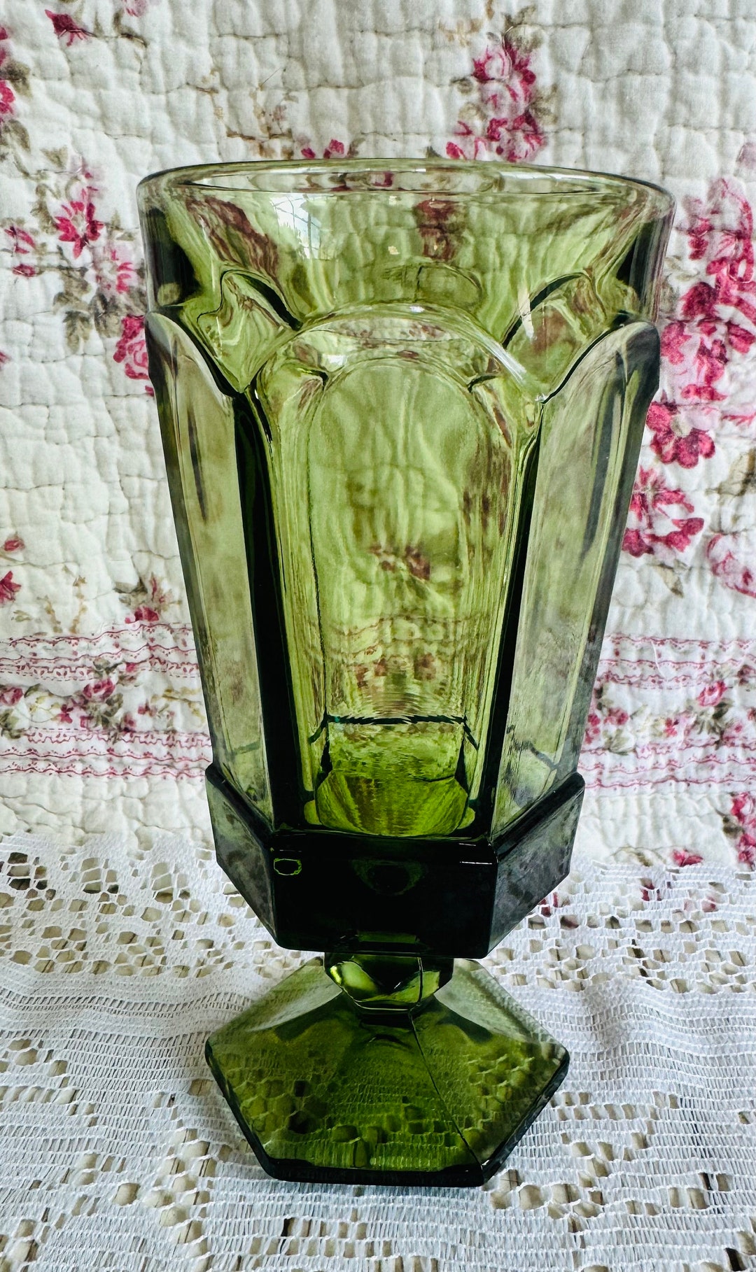Vintage Green Fostoria Glass 6 1/2” Heavy Footed Hexagonal Drinking ...