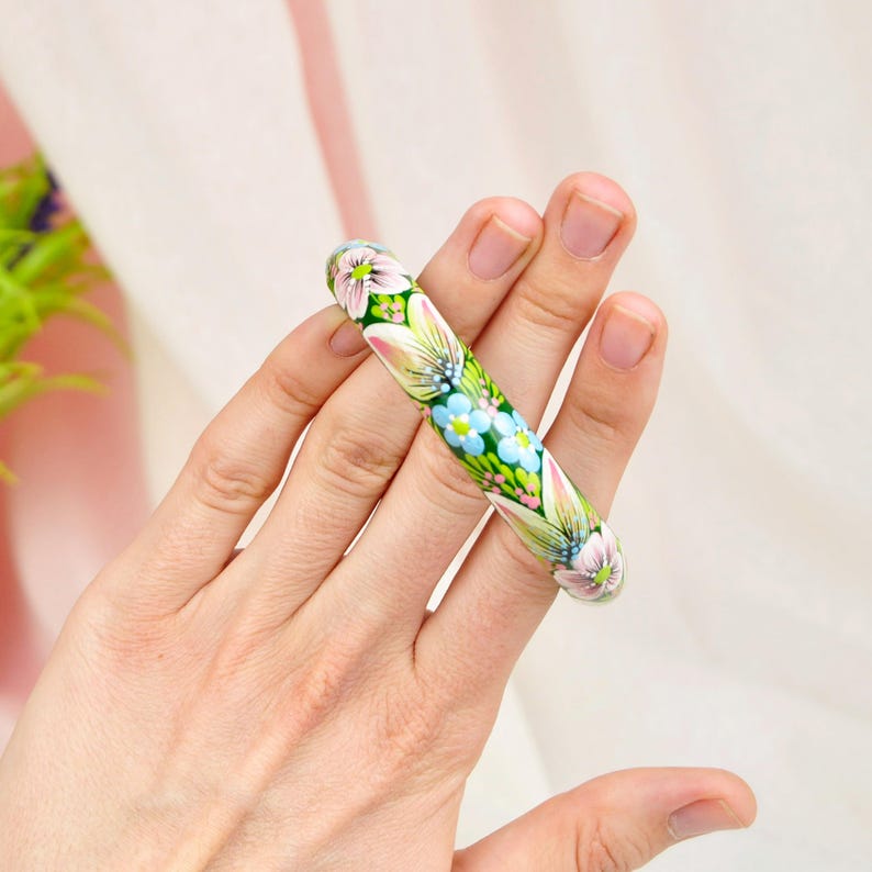 Hand-painted Wooden Bangle Bracelet – Petrykivka Ukrainian Folk Art ...