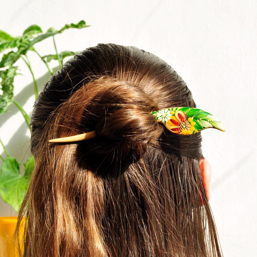 Hand-painted Wooden Hair Stick – Floral Bun Pin, Lightweight Natural ...