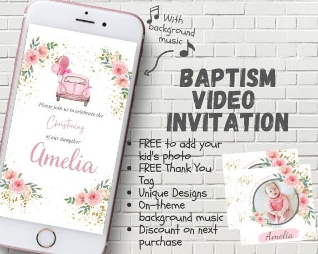 Drive-by Baptism Video Invitation | Pink Flowers Invitation | for Girls ...