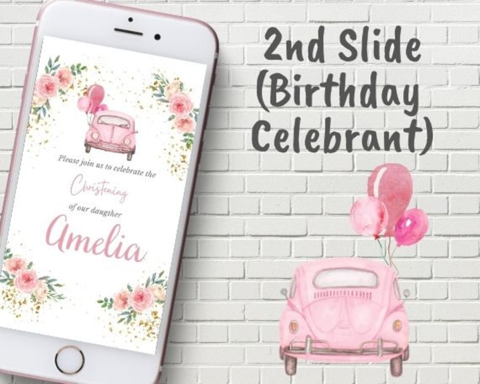 Drive-by Baptism Video Invitation Pink Flowers Invitation for Girls ...