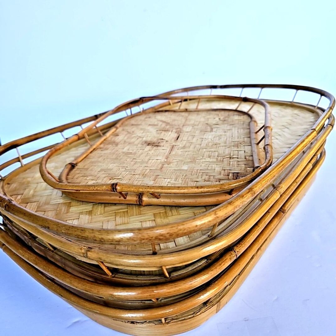 Vtg MCM Bamboo Wicker Lap Trays Tiki Bar Serving Tray Set of 5 Boho ...
