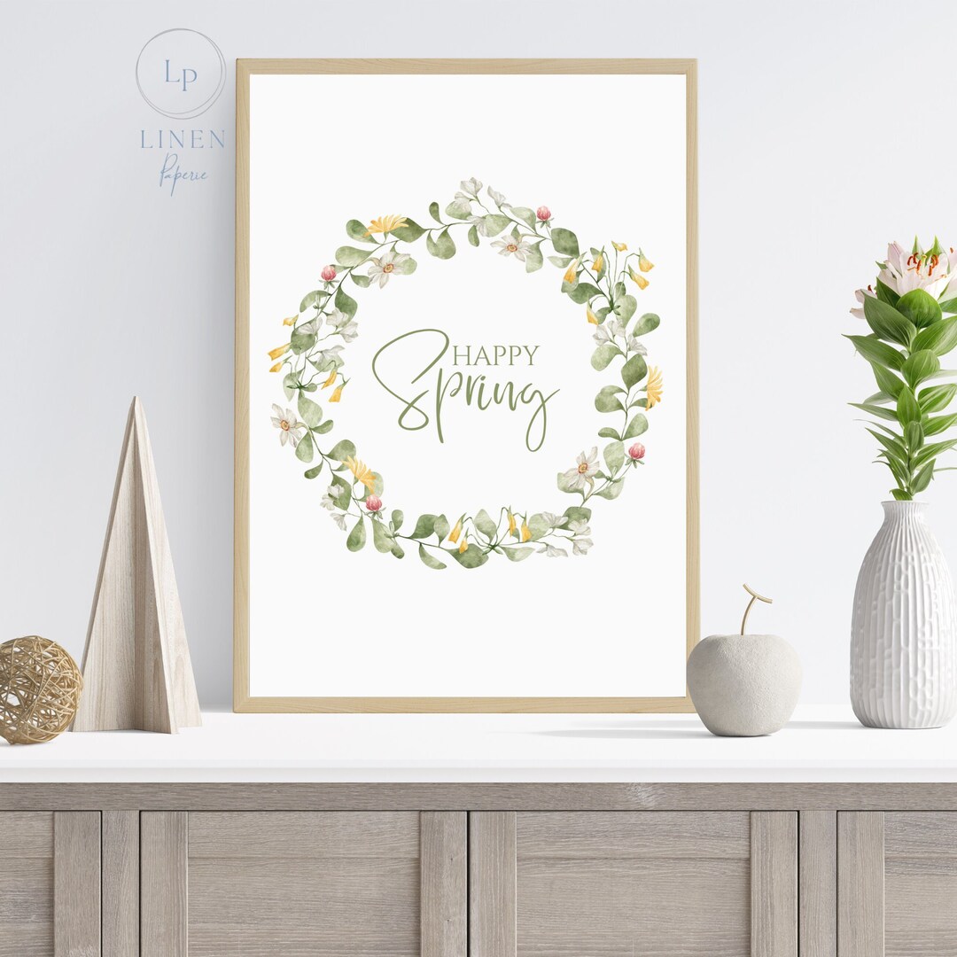 Spring Wreath Printable Wall Art Happy Spring Floral Wreath Minimalist ...