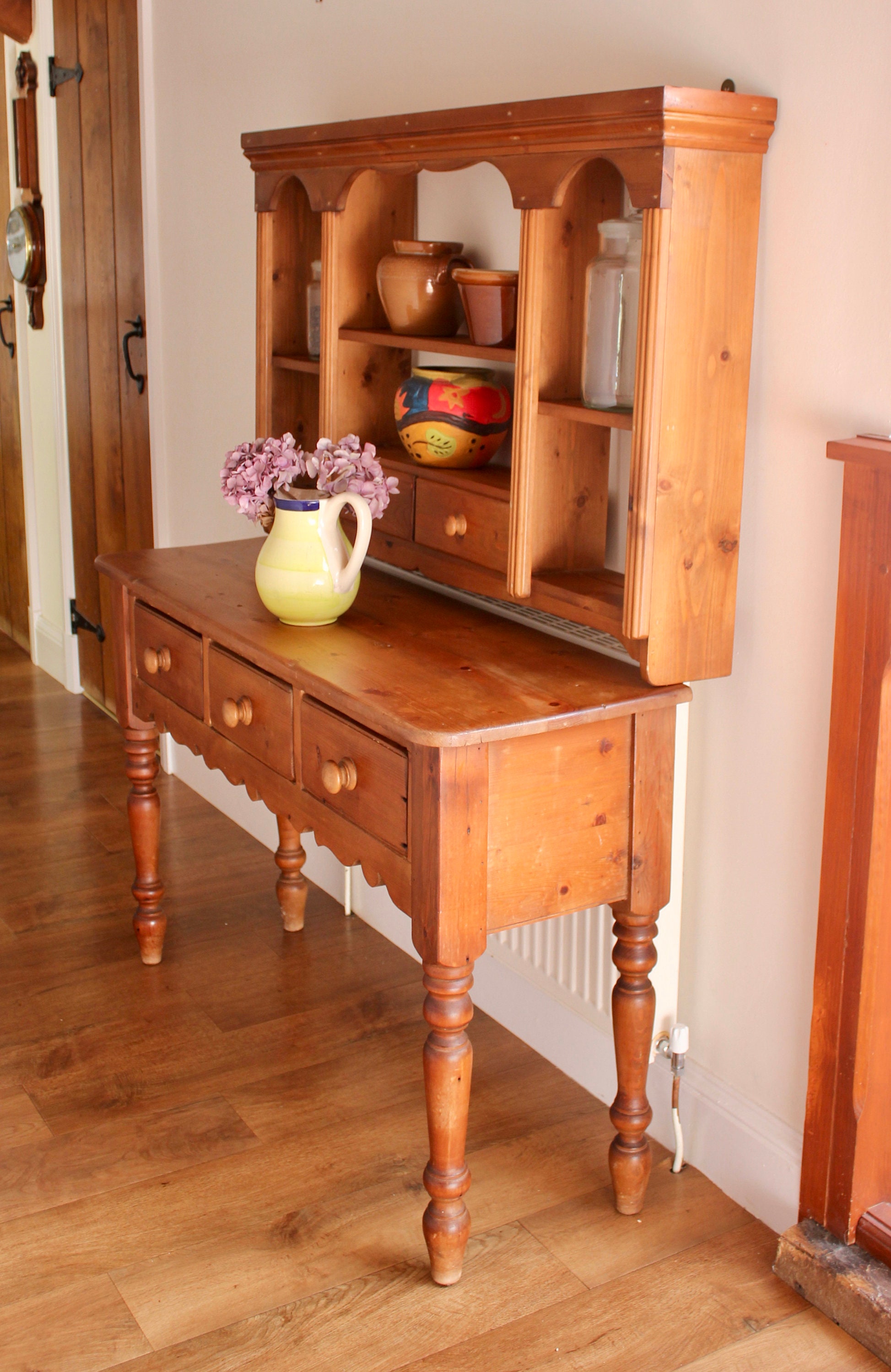 Victorian Antique Pine Farmhouse Kitchen Console Serving Table and Wall ...