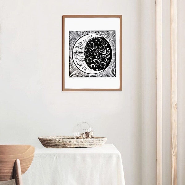 Linocut Moon - Etsy
