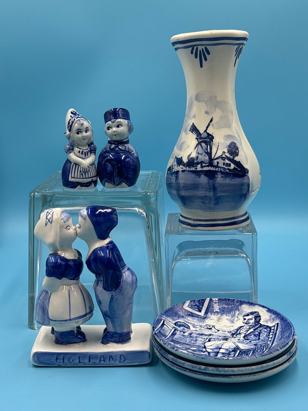 Vintage Delft Blue Ceramic Collection: Figurines, Vase & Coasters - Etsy