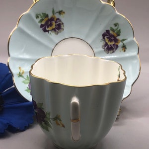 1930c Victoria Bone China Sky Blue W/purple Pansies, Teacup and Saucer ...