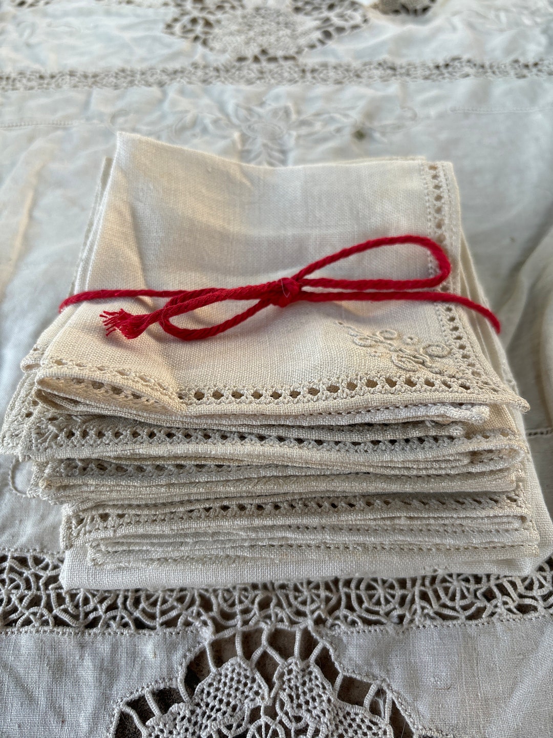 Antique Ecru French Linen. One Table Cloth, Two Small Napkins, and ...