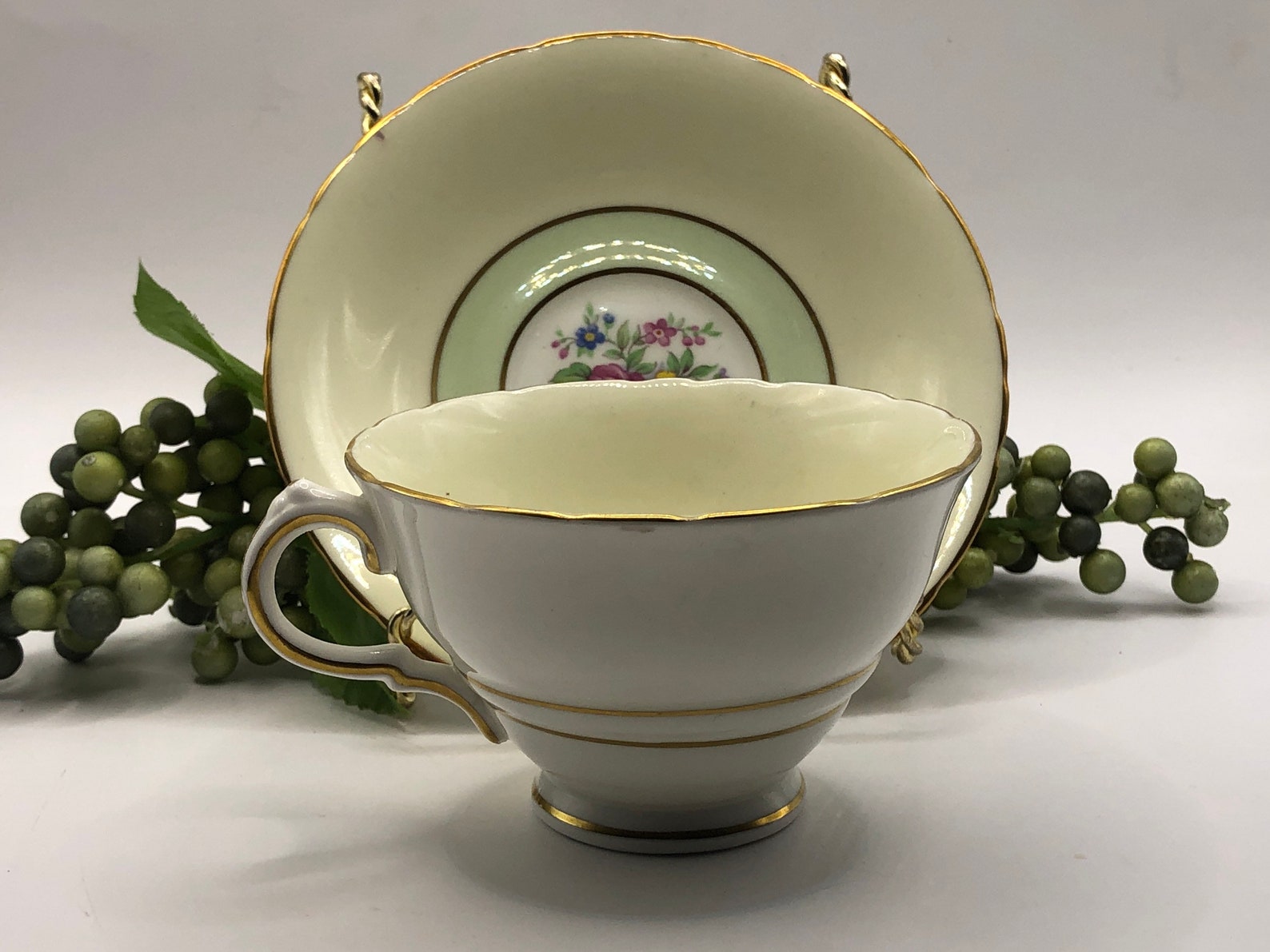 HM Sutherland Bone China Widemouth Teacup & Saucer, Pale Green and ...