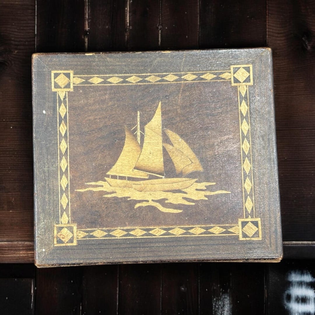 A Marquetry Wooden Box With Sailboat. Wooden Keepsake Box. Small ...