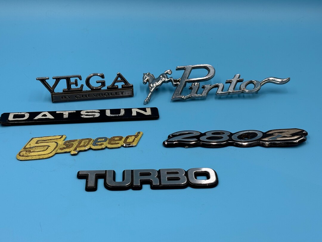 Vintage Car Emblems: Ford Pinto, Vega Chevrolet, Datsun, Turbo, 5speed ...