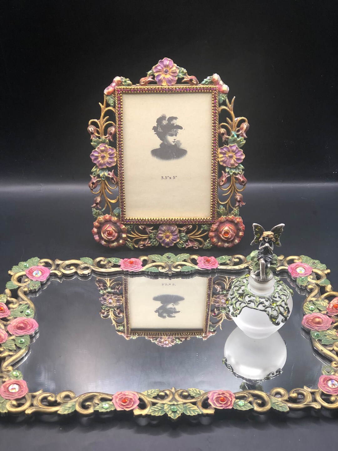 Victorian Rhinestone Vanity Pieces . Handled Mirror Tray. Vintage Decor ...