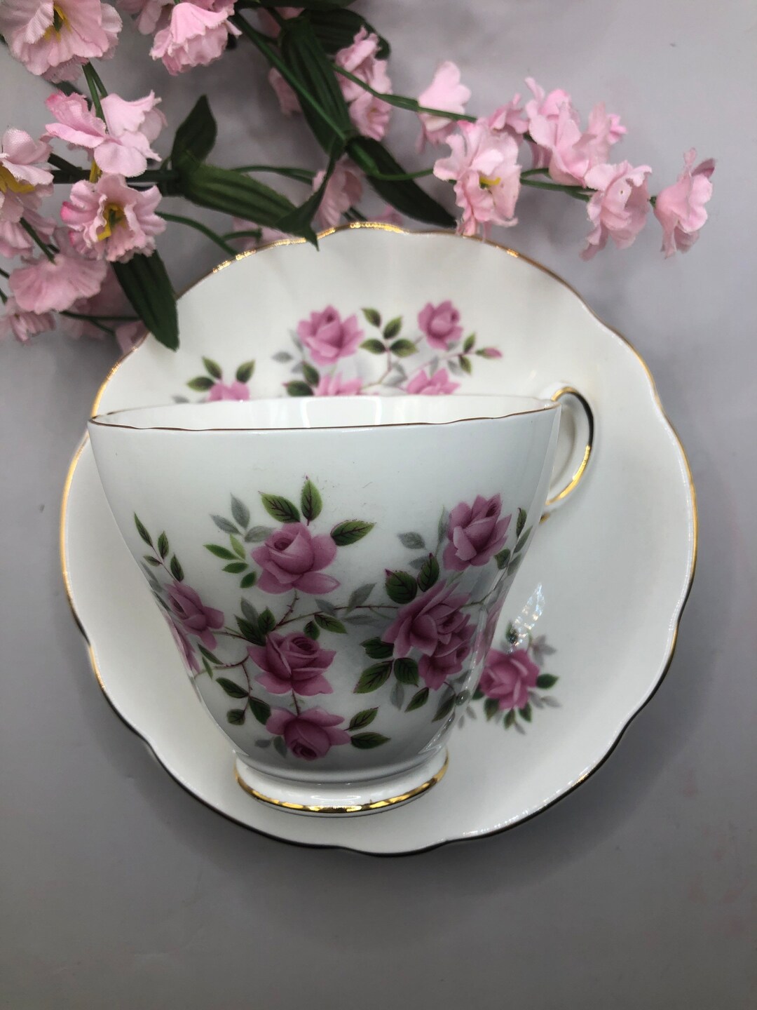 Regency English Bone China Teacup & Saucer, England, Tiny Pink Roses - Etsy