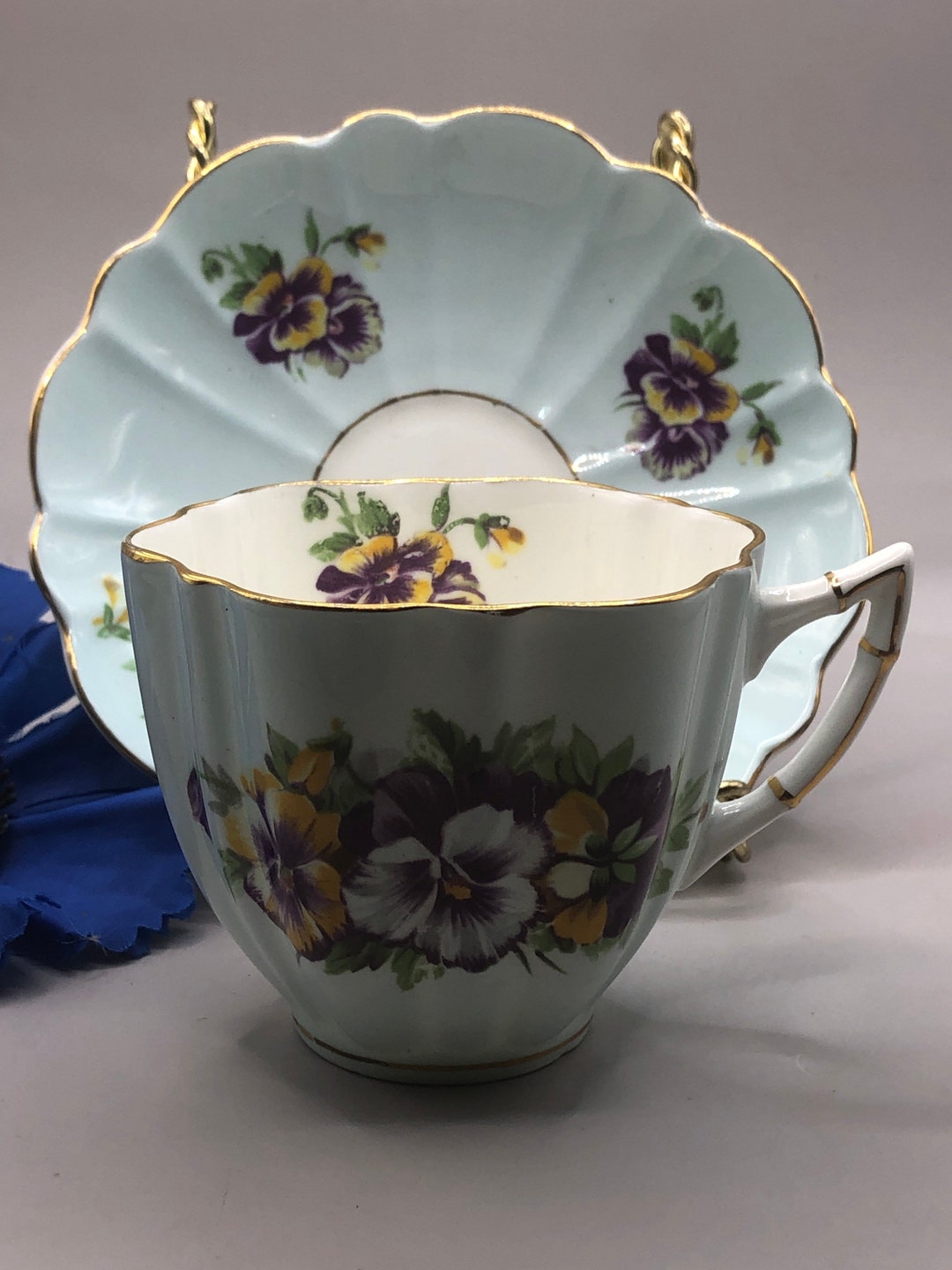1930c Victoria Bone China Sky Blue W/purple Pansies, Teacup and Saucer ...
