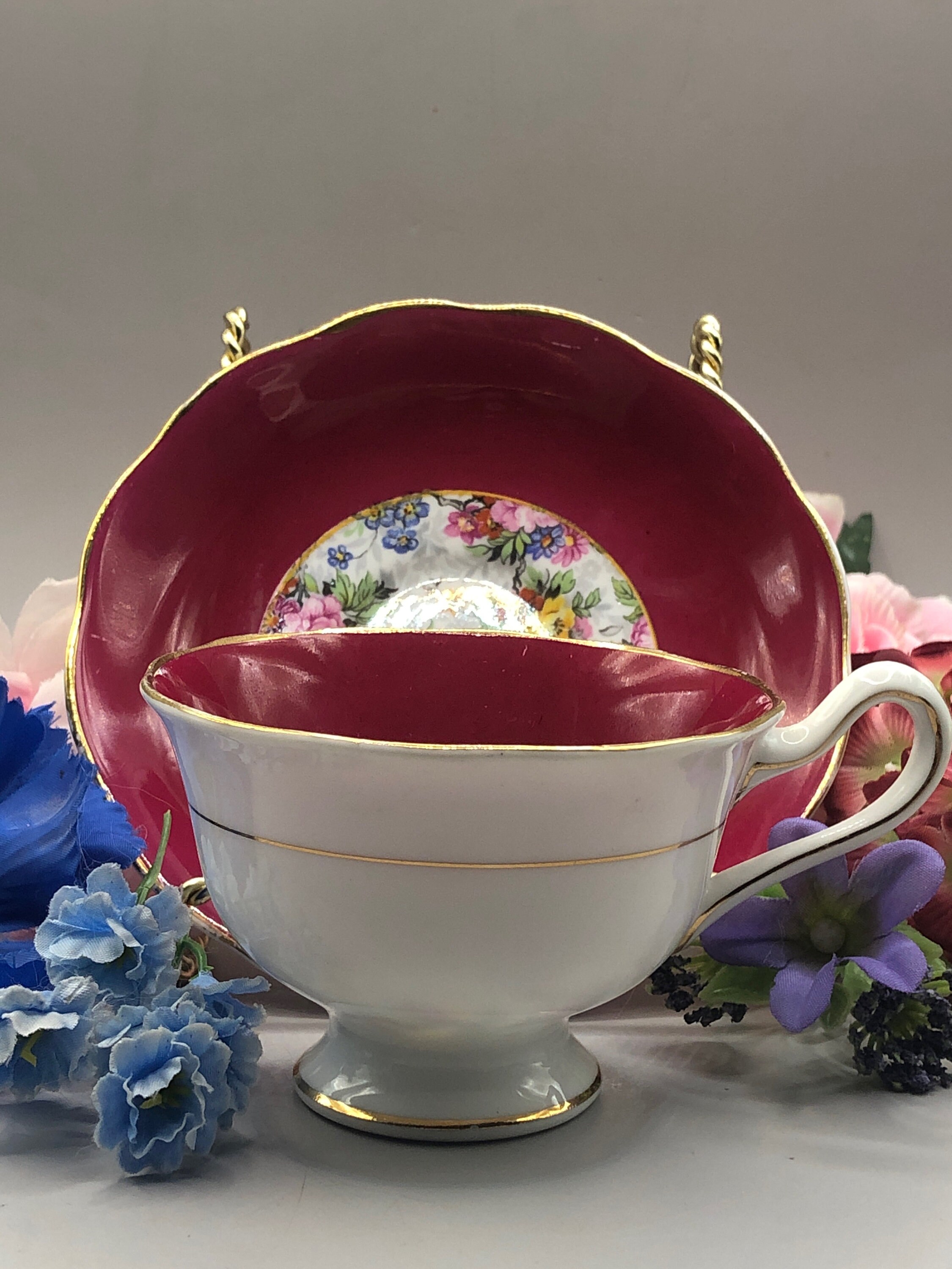 1925-1927 Royal Albert Crown China Maroon Teacup & Saucer W/chintz Floral Centre - Etsy