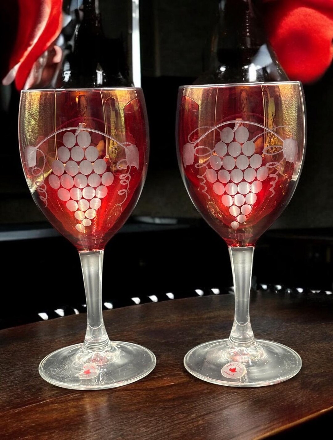 Set of Two Vintage Cranberry Glass Stemmed Wine Glasses. Stickers in ...