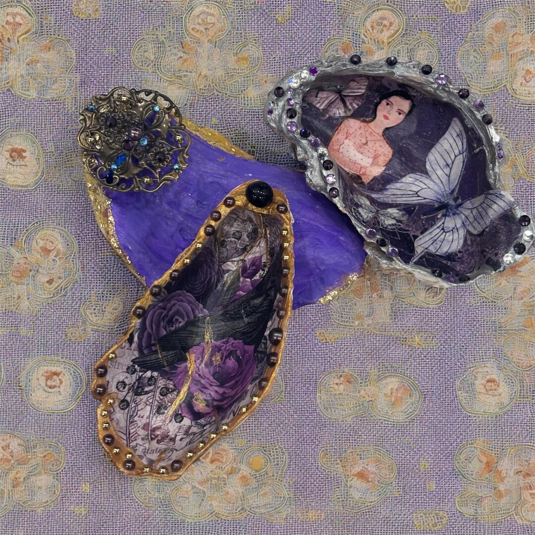 Mystical Purple Oyster Shell Set – Hand-painted Seashell Decor With ...