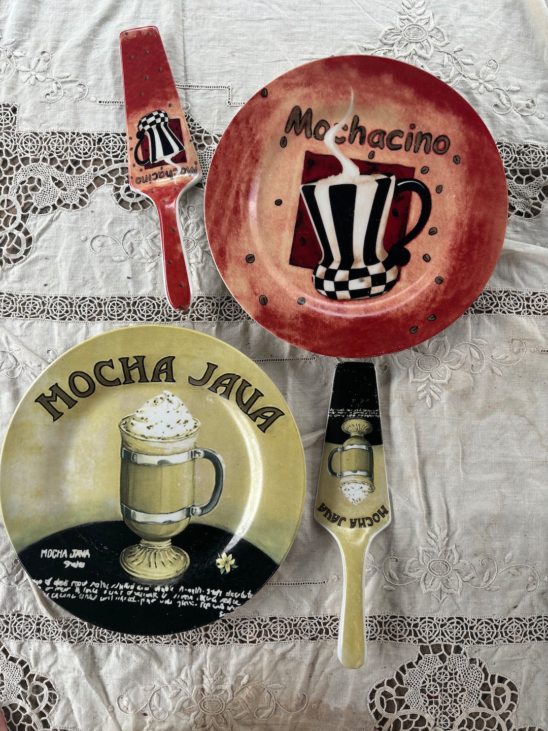 Two Plates W/ceramic Servers. Mocha Java and Mochacino Designs. Cake ...