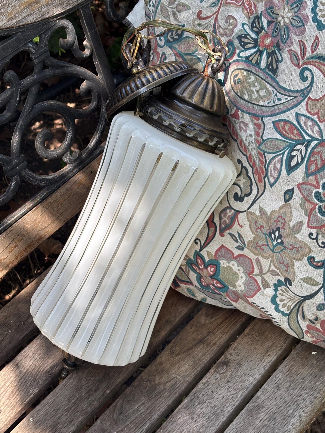 MCM Milk Glass Swag Lamp | White Ribbed Glass Lampshade | Unique Retro ...