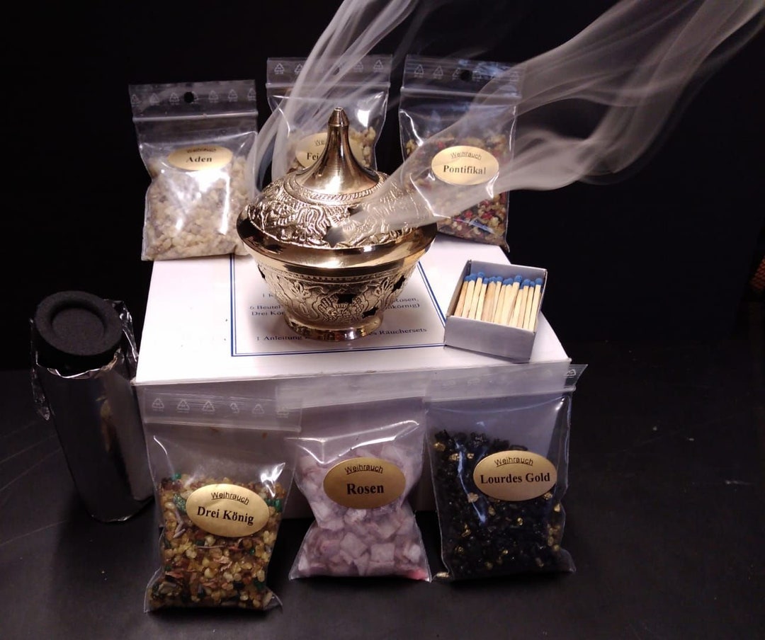 INCENSE SET with 6 Types of Incense Charcoal and Brass Incense Burner ...
