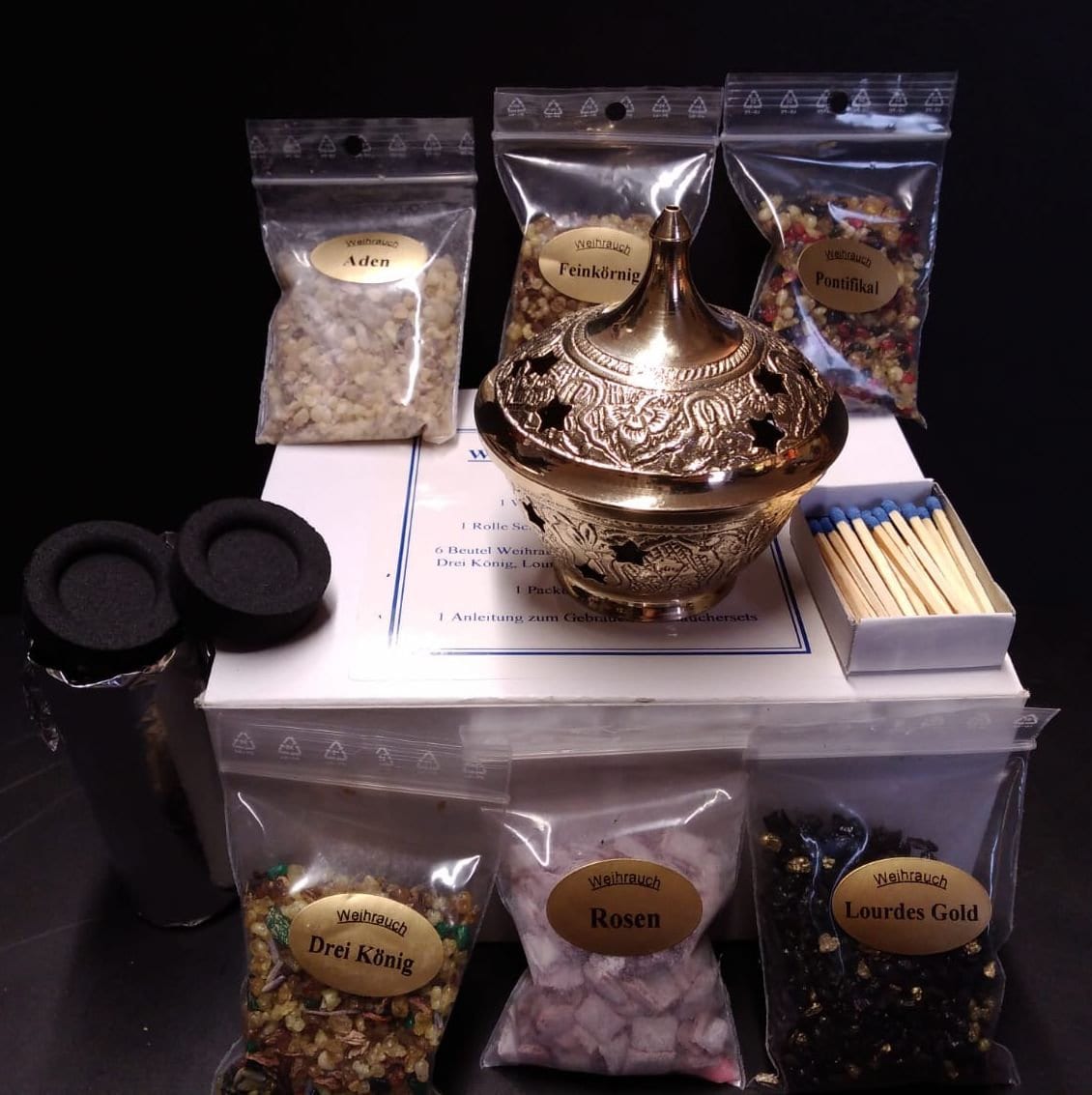 INCENSE SET with 6 Types of Incense Charcoal and Brass Incense Burner ...