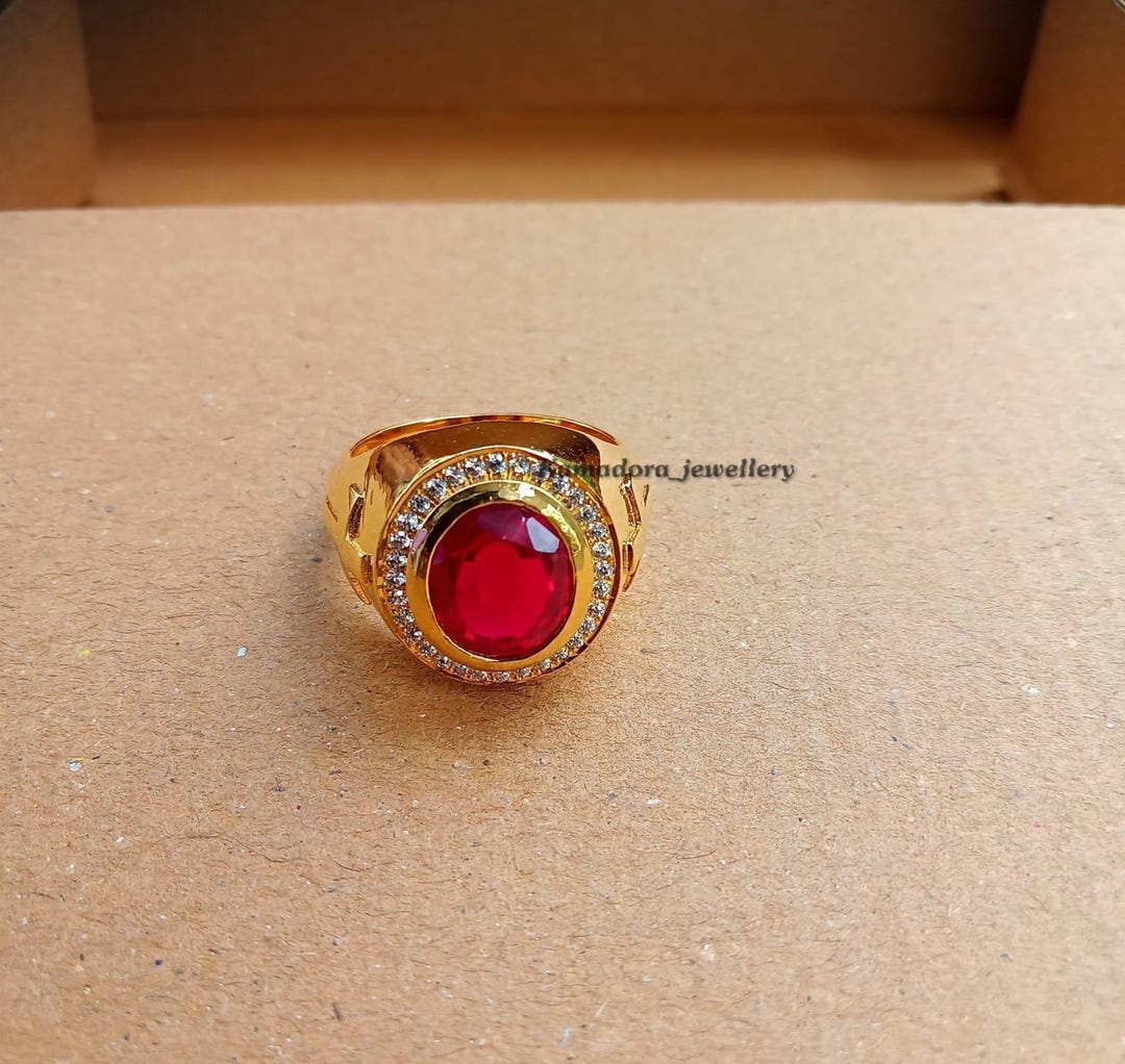 Red Ruby Men's Bishop Ring, 14K Yellow Gold Plated 925 Sterling Silver ...
