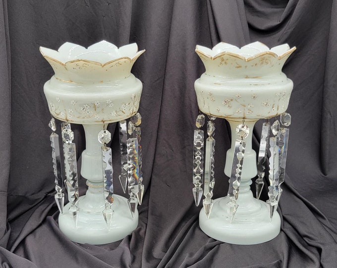 Pair of Antique Victorian Era Milk Glass Mantle Lustres W/gold Gilt and White Enamel Flowers - Etsy