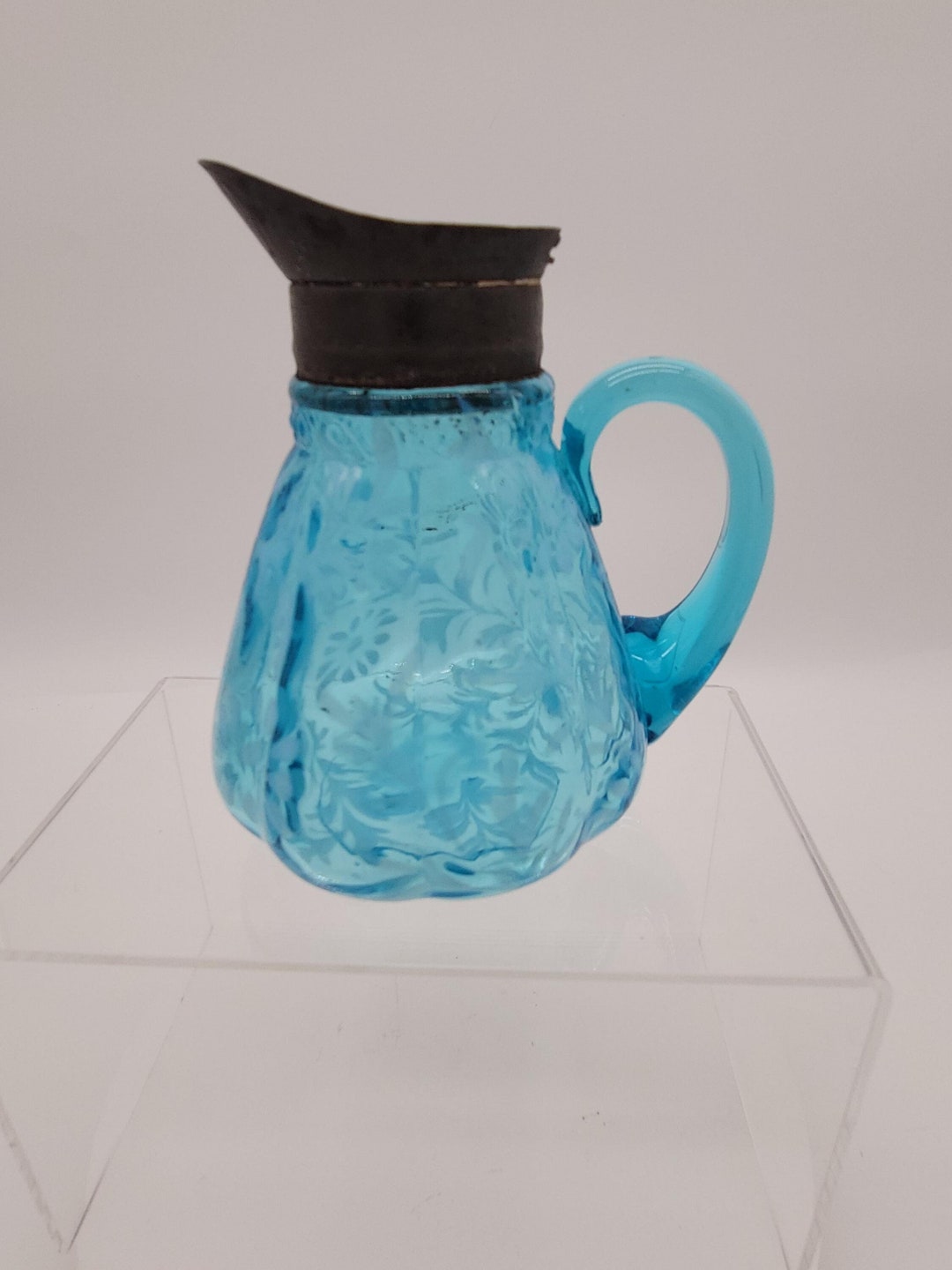 Gorgeous Antique Blue Opalescent Daisy & Fern Syrup Pitcher by Hobbs ...