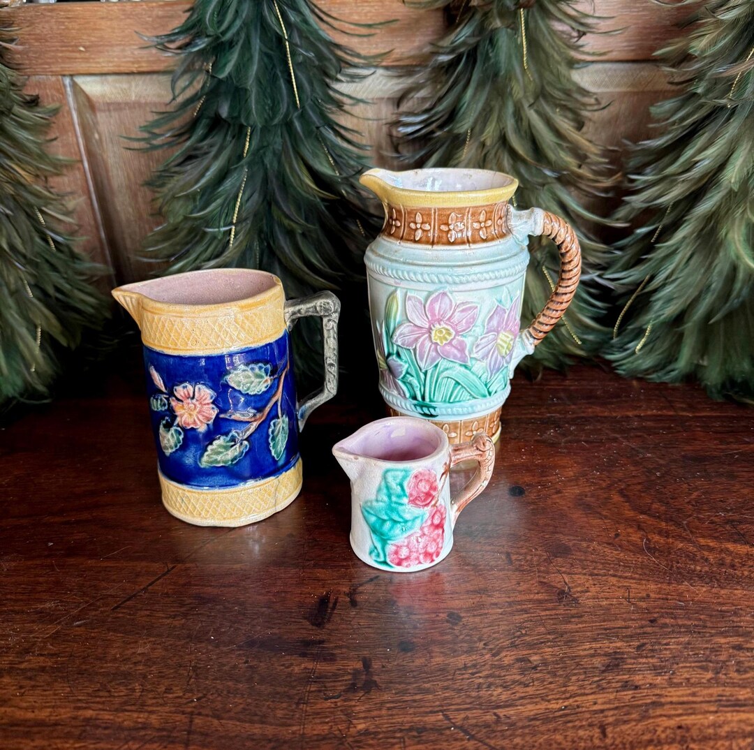 Antique Majolica Floral Pitchers, Choice Large Daffodil, Medium Rose or ...