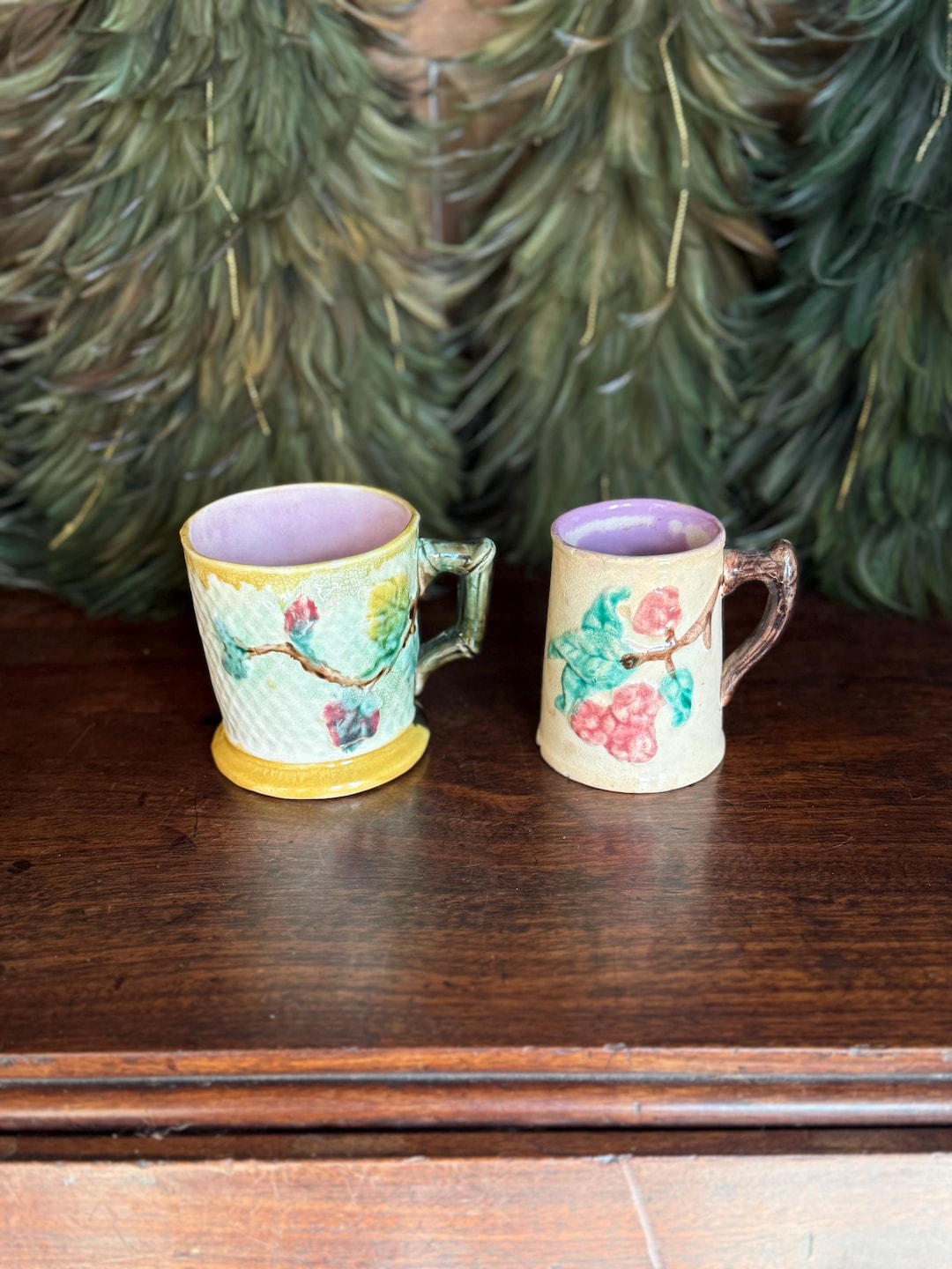 Antique Victorian Era Majolica Mugs, Rosebuds or Cherry Blossoms ...
