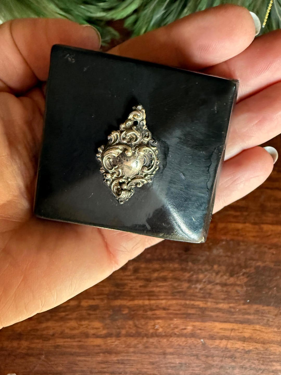 Antique Victorian Black Lacquer Stamp Box With Silver Repousse Detail ...
