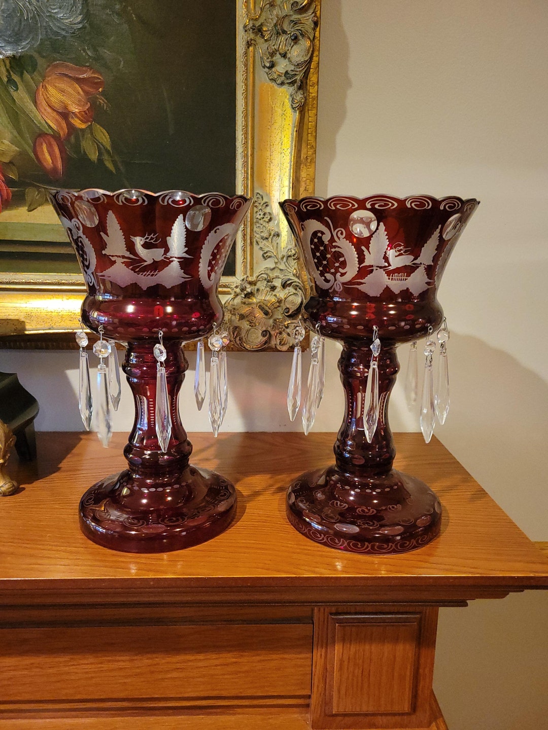 Antique Victorian Mantle Lusters Set of 2 Gorgeous Bohemian Ruby Glass ...